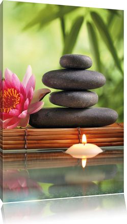 Pixxprint Seerose mit Zen Steinen und Kerzen, Größe: 100x70cm, Leinwandbild, fertig gespannt, Wandbild, Dekoration, Kunstdruck, kein Poster