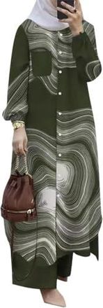 Generic Ensembles 2 pièces musulmans pour Femmes Chemise et Pantalon boutonnés à Manches Longues Robe décontractée Abaya Tenues de dubaï (Impression Verte,Gra