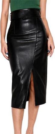 Generic Jupe portefeuille longue &eacute;l&eacute;gante en cuir v&eacute;ritable pour femme - Taille haute - D&eacute;contract&eacute;e - Pour f&ecirc;te de mariage, Noir, XL