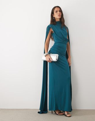 Tfnc robe longue premium fluide &agrave; col montant, manches cape et d&eacute;tail drap&eacute;, bleu sarcelle-Vert
