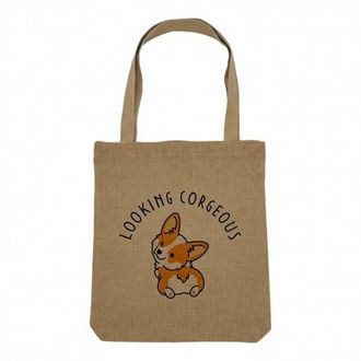 Fabulous Sac Shopping Tote Bag Aspect Lin - Looking Corgeous Corgi Dog Pets - Sac de Courses Toile Epaisse 360g Beige Naturel Cabas Port&eacute; Epaule Solide Imprim&eacute;