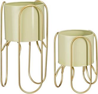 Mica Decorations Donau Übertopf auf Fuß, Metall, H45 x Ø23 cm, Hellgrün, Gold, 2 Stück