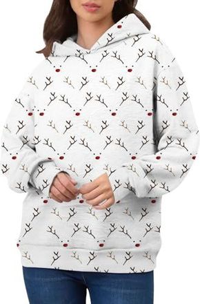 Generic Sweat à capuche de Noël léger pour femme - Pull à manches longues en laine fourrure - Pull de sport décontracté ample en fourrure avec poche - Renne m