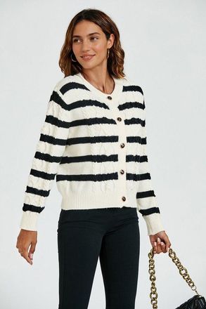 FS Collection Strickjacke Strickjacke Cardigan mit Streifenmuster aus Wollmischung - Onesize (Einheitsgr&ouml;&szlig;e: UK 8-16 / EU 36-44, 3 Farben : Creme/Schwarz, Schwarz/W