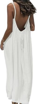 Generic Robe caraco longue sans manches pour femme - Dos nu - Robe d&eacute;t&eacute; fluide - Pour le salon, la maison, les vacances, la plage - Avec noeud dans le dos, bl