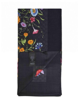 Gucci Floral Print Wool and Silk Scarf - Black