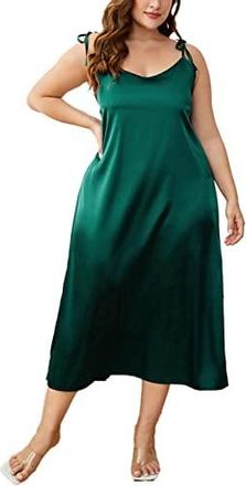 Generic MODSGUE Chemise de nuit en satin pour femme - Nuisette sexy avec bretelles spaghetti - Col en V - Grande taille - Couleur unie - Robe de nuit basique 