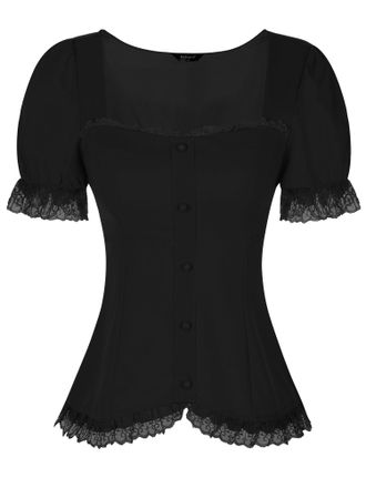 Allegra K Damen Spitze Gothic Bluse Kurzarm Herzf&ouml;rmiger Ausschnitt R&uuml;schen Puff&auml;rmel Oberteil Schwarz XXL