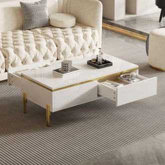 STILVORA Table basse avec 2 Tiroirs des Deux C&ocirc;t&eacute;s, Brillance Blanche et D&eacute;tails Dor&eacute;s, Style Moderne, en Panneau de Particules, Blanc
