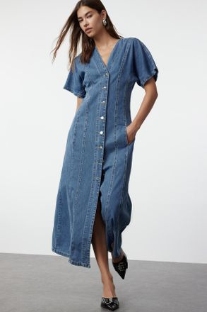 Trendyol Damen Hemdblusenkleid, maxi kurz, casual - Blau