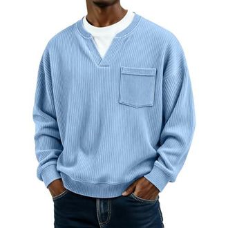 Generic DENGJIAMY Sweat-shirt uni à rayures verticales pour homme - Chandail tendance à col rond pour homme - Chemises décontractées à manches longues - Pull 