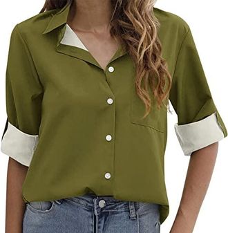 Generic Chemises de travail pour femmes, grande taille, sans repassage, &agrave; manches longues, unies, col boutonn&eacute;, t-shirt ajust&eacute;, extensible, d&eacute;contract&eacute;, affai