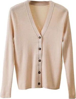Generic Cardigan en laine tricot&eacute;e pour femme Manteaux &agrave; col en V &agrave; simple boutonnage, Abricot, XS