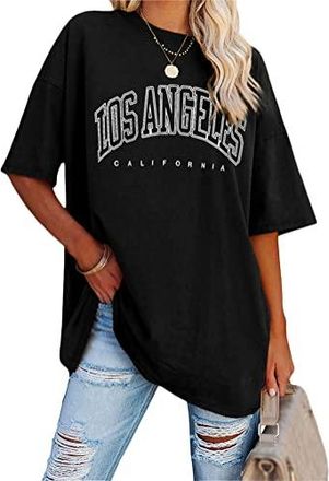 TOMWELL T-Shirt Oversize à Col Rond pour Femme Manche Courte Lettres LA Haut Dété Décontracté Chemise à Manches Courtes Lettres Créatives Blouse Sport Lâches 