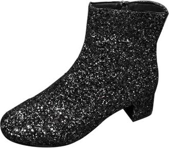 Generic Bottines &agrave; paillettes pour femme avec strass et talons &eacute;pais avec fermeture &eacute;clair lat&eacute;rale, bout rond, talon bloc bas, court, habill&eacute;, confortable, d