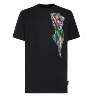 Philipp Plein Homme, Tops, Noir, Taille: 4XL T-Shirt Col Rond Hawaii