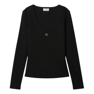 Calvin Klein Jeans T-shirt &agrave; manches longues en maille c&ocirc;tel&eacute;e 2x2 avec &eacute;tiquette tiss&eacute;e - Femme - Tops - Noir - Taille: 38 FR