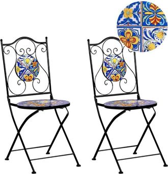 Beliani Lot de 2 Chaises de Jardin Vintage en M&eacute;tal Pliantes Motif Mosa&iuml;que Noir Coriano