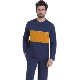 Ath&eacute;na Langer Schlafanzug f&uuml;r Herren, Nightwear Chic - 100% Bio-Baumwolle - Langarm-T-Shirt mit Tunesischem Kragen + Hose - &Ouml;ko-TEX Standard 100 und GOTS, Ma