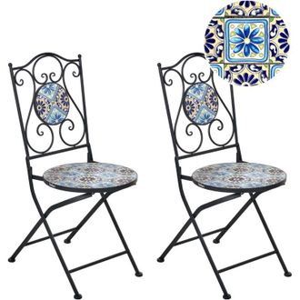 Beliani Lot de 2 Chaises de Jardin Vintage en M&eacute;tal avec Plateau Motif Mosa&iuml;que Structure en Fer Noir Aggius