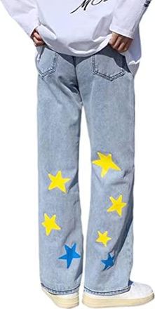 ORANDESIGNE Jean Imprimé Hip Hop Homme Coupe Droite Vintage Denim Pantalons Baggy Lâche Fit Jambe Droite Pantalon Rétro Streetwear ZB Bleu M