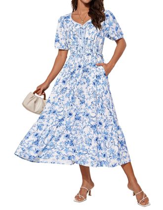 Grace Karin Damen Elegant Midikleid Kurzarm V-Ausschnitt Blumenkleid A Linien Hochzeitsgast Kleid Sommerkleid Weiß-Blaue Blumen XL