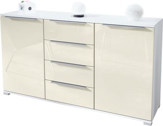 Vladon Sideboard Linio V1, Anrichte mit 2 Türen und 4 Schubladen, Weiß matt/Creme Hochglanz (138,5 x 75,5 x 35 cm)