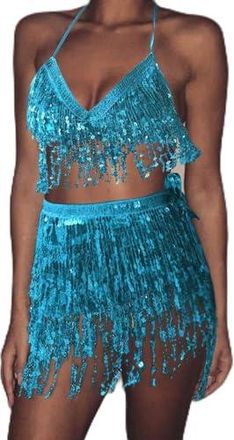 Generic Ensemble jupe à paillettes pour femme avec jupe et gilet 2026, bleu clair, Taille unique