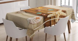 Abakuhaus Strand Tischdecke, Rustikal Brett Muscheln, Pflegeleicht mit Modernster Druck Technologie Waschbar und Personalisiert, 140 x 200 cm, Braun Beige