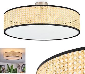 HOFSTEIN Deckenleuchte Foggia, Deckenlampe aus Metall/Korbgeflecht/Stoff/Kunststoff in Nickel-matt/Natur/Schwarz/Weiß, runde Boho Leuchte (Ø 50 cm), E27, Esszi