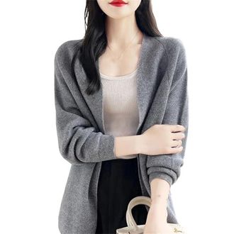 Generic Cardigan en laine pour femme 100 % laine tricot&eacute;e ample confortable col en V, gris, Taille XL