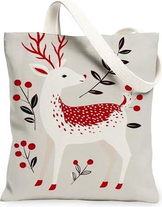 Generic Sacs fourre-tout en toile de cerf dhiver, sacs de courses r&eacute;utilisables, l&eacute;gers et lavables avec bandouli&egrave;re, beige, 13x15 Inch