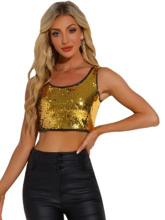 Allegra K Damen &Auml;rmellos Pailletten Top Party Oberteil Club Cami Bauchfrei Tank Top Bluse Golden XL