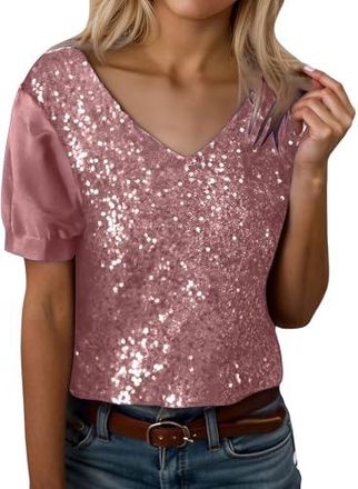 Generico Chemisier &agrave; paillettes avec col en V Grandes tailles - Haut brillant &eacute;l&eacute;gant &agrave; manches courtes et paillettes - Haut pour f&ecirc;tes et cocktails - Haut bri
