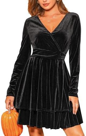 Cupshe Robe dautomne en velours avec col en V, manches longues, taille &eacute;lastique, mini robe patineuse &eacute;vas&eacute;e pour femme, noir, Taille L