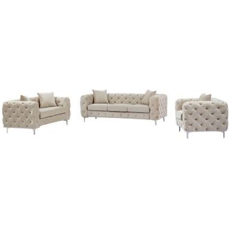 Vente-Unique Canap&eacute; 3 places, 2 places et fauteuil chesterfield en velours beige EDWINA
