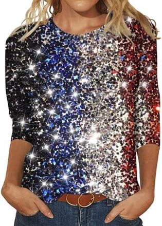Generic Femme Blouse à Paillettes À 3/4 Manches Longues Haut Sequins Élégants Tunique Pailletté Chemisier Imprimée Blouses Casual Retro Tee-Shirt Grande Taill