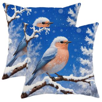 Generic Kissenbezug mit Vogelmotiv, realistischer Schnee-Zweig, Winterblau, mit verstecktem Reißverschluss, dekorative Kissen für Wohnzimmer, Bett, Büro, Sofa