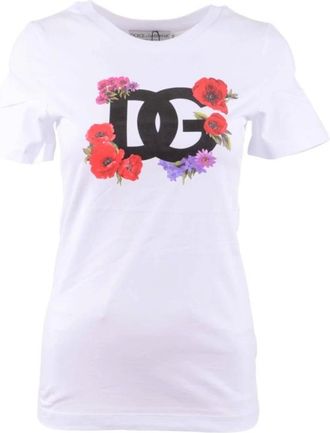 Dolce & Gabbana Femme, Tops, Blanc, Taille: 34 FR Flowers DG Short Sleeve T-shirt