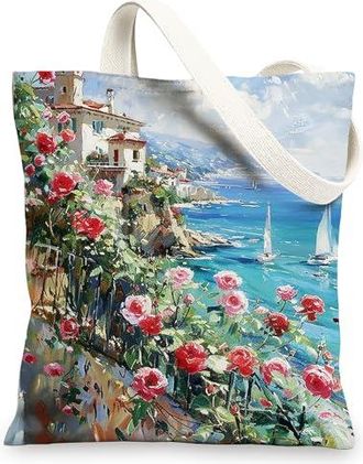 Generic Sacs fourre-tout en toile côtière, motif floral bord de mer, sacs à provisions réutilisables, style vintage élégant, toile légère et lavable B, multic