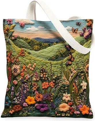 Generic Sac fourre-tout en toile motif pois de senteur printani&egrave;re, 33 x 38,1 cm, sac d&eacute;picerie r&eacute;utilisable pour femme, motif floral de voyage, d&eacute;coration ca