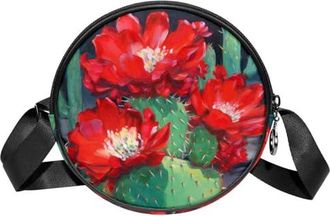 Generic Sac &agrave; bandouli&egrave;re rond pour femme, motif cactus rouge, petit sac &agrave; bandouli&egrave;re avec fermeture &eacute;clair, bretelles r&eacute;glables, sac &agrave; main rond d&eacute;contract&eacute;