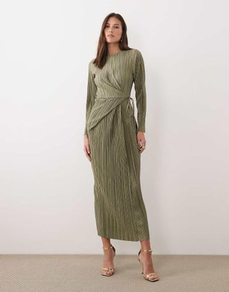 Asos Robe longue pliss&eacute;e coupe portefeuille nou&eacute;e &agrave; la taille &agrave; manches longues - Kaki-Vert