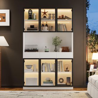 Generic Hochschr&auml;nke mit LED Lichtern Glasschrank T&uuml;r Vitrinen f&uuml;r Wohnzimmer Esszimmer K&uuml;che Schlafzimmer B&uuml;ro B&uuml;cherregal Lagerschr&auml;nke Sideboard Stauschran