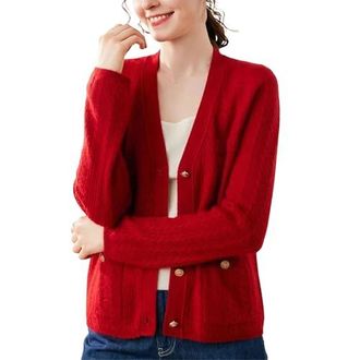 Generic Cardigan &agrave; col en V 100 % cachemire pour femme - Veste dhiver unie douce et confortable en tricot &eacute;l&eacute;gant, Wei Xu Rouge, Taille XL
