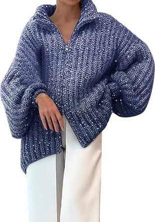 Generic Pull &agrave; paillettes pour femme - Manteau &agrave; paillettes - Cardigan long - Pull pour femme avec motif torsad&eacute;, bleu, XXL