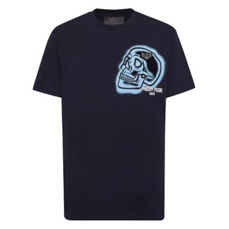Philipp Plein Homme, Tops, Bleu, Taille: XL Round Neck T-Shirt Skull