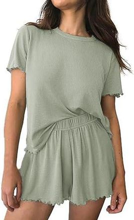 Generic Ensemble de pyjama et short en jersey pour femme - Manches courtes - Volants froncés - Ensemble de pyjama confortable pour femme - Taille 50 - Grande 