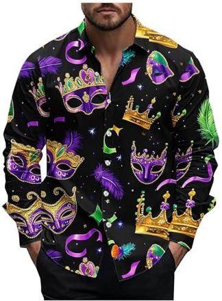 Generic Chemise de bowling color&eacute;e boutonn&eacute;e en satin &agrave; manches longues pour homme - Haut d&eacute;contract&eacute; &agrave; manches longues pour carnaval, bo&icirc;te de nuit, soir&eacute;e d