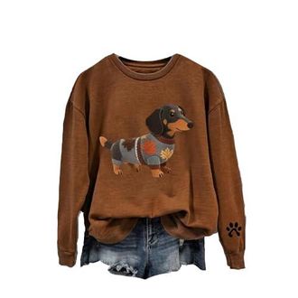 Generic Sweat-shirt pour femme Printemps et Automne Imprim&eacute; Art Chien Dr&ocirc;le Teckel Automne Sweat-shirt, marron, 5XL